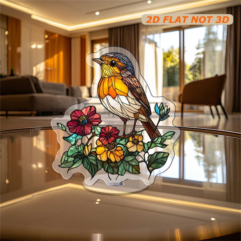 Rotating acrylic ornament featuring a cute robin on a flower bush in ...