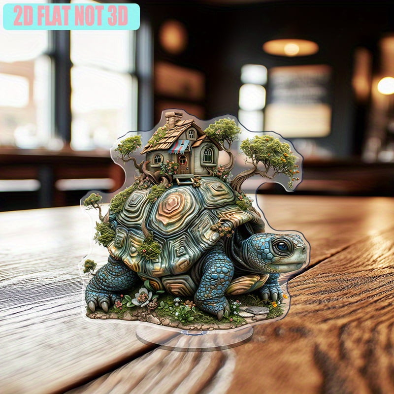 Rotating acrylic ornament featuring a cute turtle with a detailed house ...