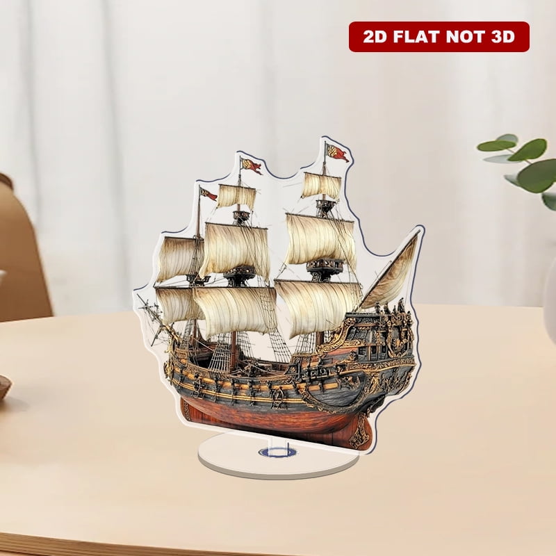 Rotating acrylic ornament featuring a detailed pirate ship with three ...