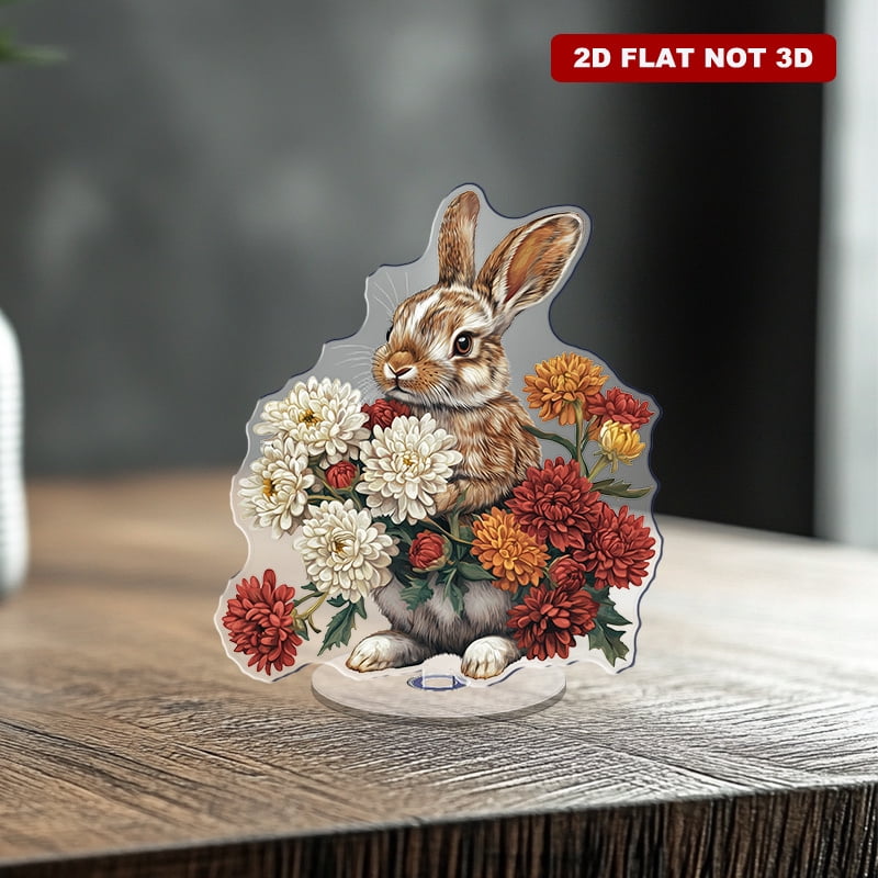 Rotating acrylic ornament featuring a detailed rabbit with a bouquet of ...