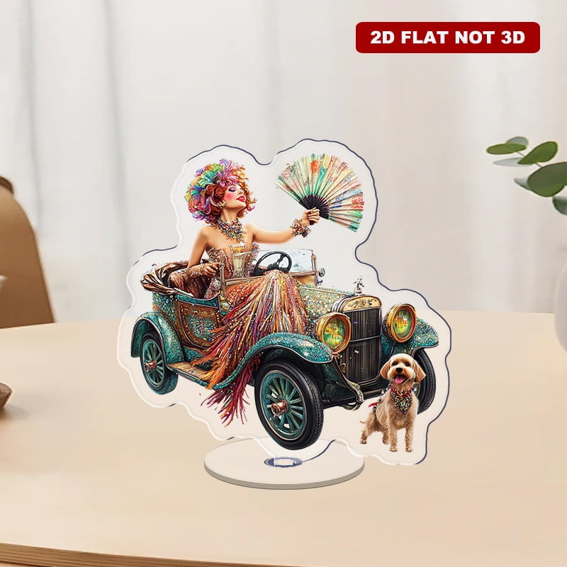 Rotating acrylic ornament featuring a flapper girl in a convertible ...