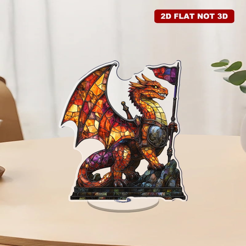 Rotating acrylic ornament featuring a friendly dragon with a saddle ...