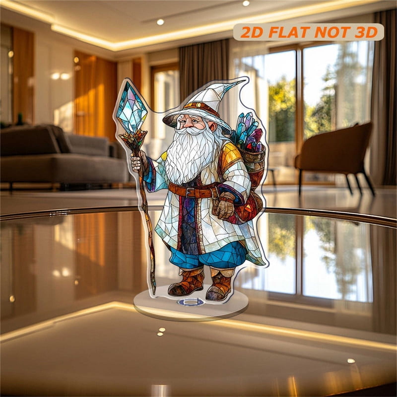 Rotating acrylic ornament featuring a friendly dwarf in a white robe ...