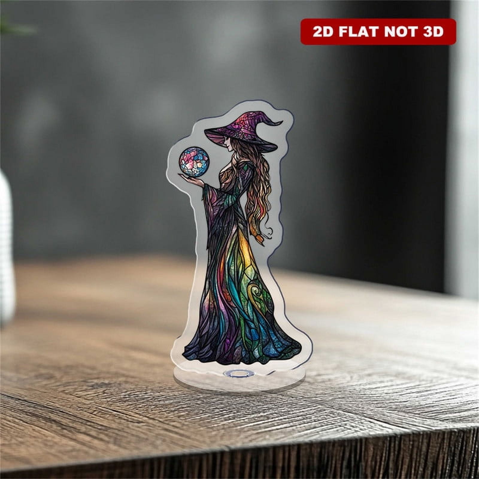 Rotating acrylic ornament featuring a full body divination witch with a crystal ball in vibrant ...