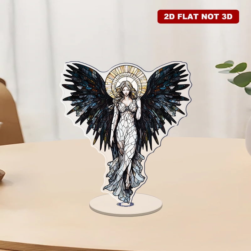 Rotating acrylic ornament featuring a full body white angel with black ...