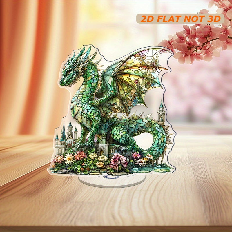 Rotating acrylic ornament featuring a vibrant green dragon on a castle ...