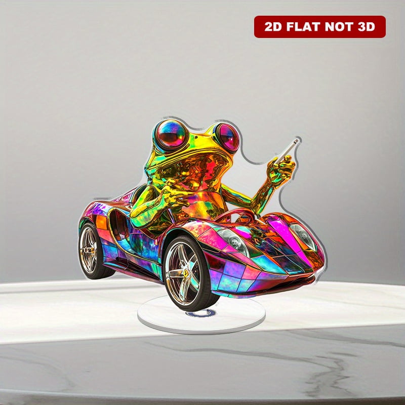 Rotating acrylic ornament featuring a vibrant rain frog driving a ...