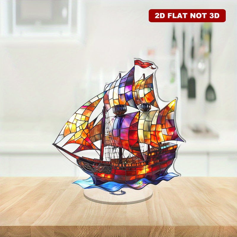 Rotating acrylic ornament featuring a vibrant stained glass pirate ship ...