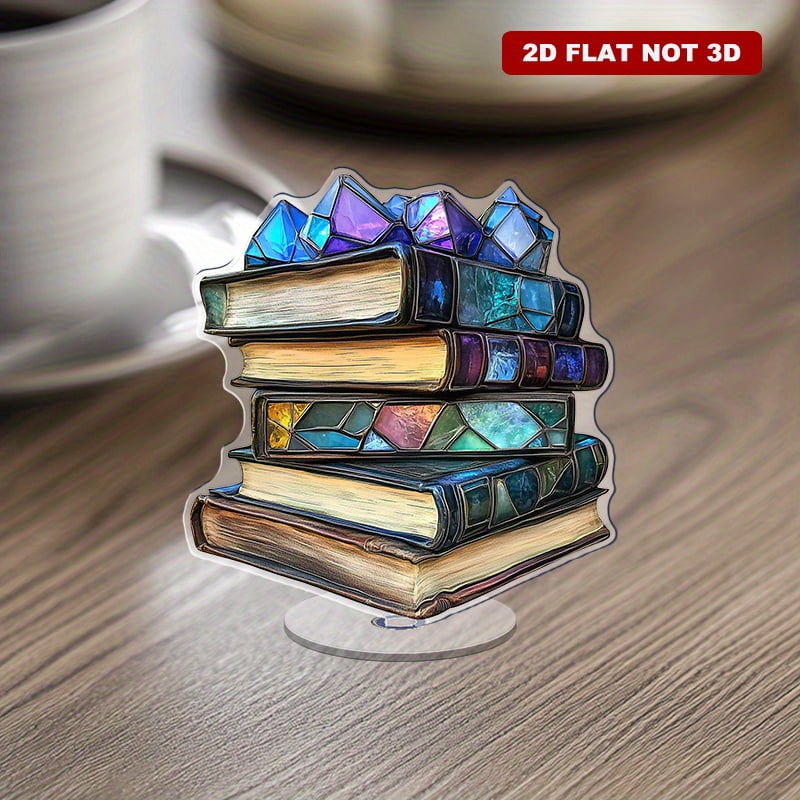 Rotating acrylic ornament featuring a vivid stained glass book stack adorned with blue crystals ...