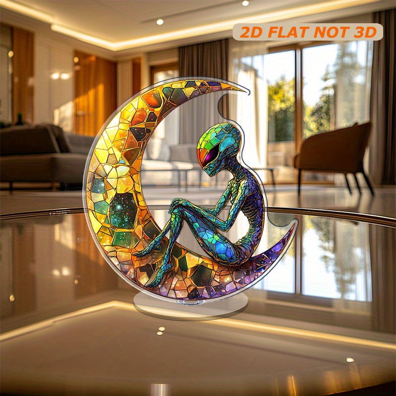 Rotating acrylic ornament featuring an alien on a crescent moon in ...