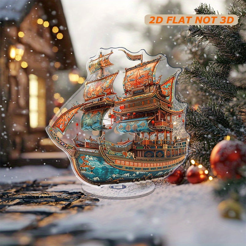 Rotating acrylic ornament featuring an ancient Chinese ship with ...