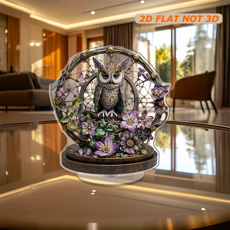 Rotating acrylic ornament featuring an owl in a dreamcatcher surrounded ...