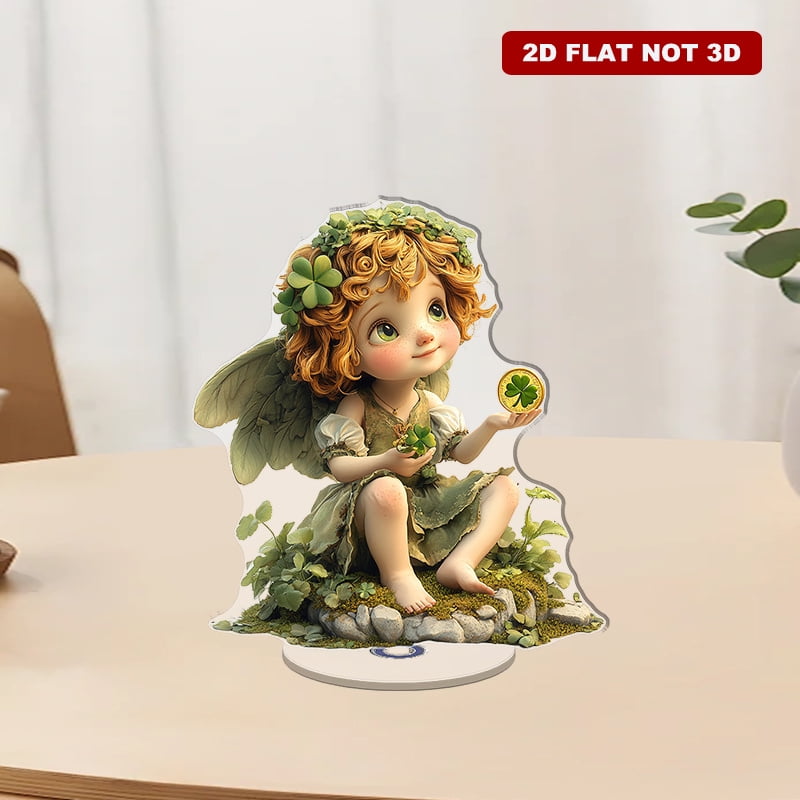 Rotating acrylic ornament featuring a charming angel in a green clover ...