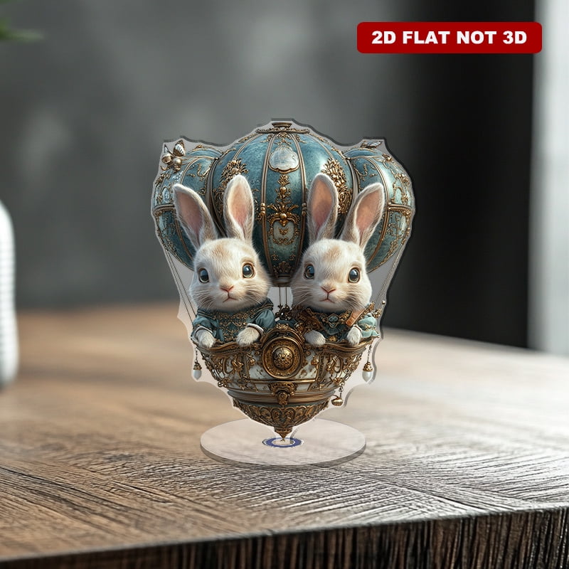 Rotating acrylic ornament featuring cute grey rabbits in a colorful hot ...