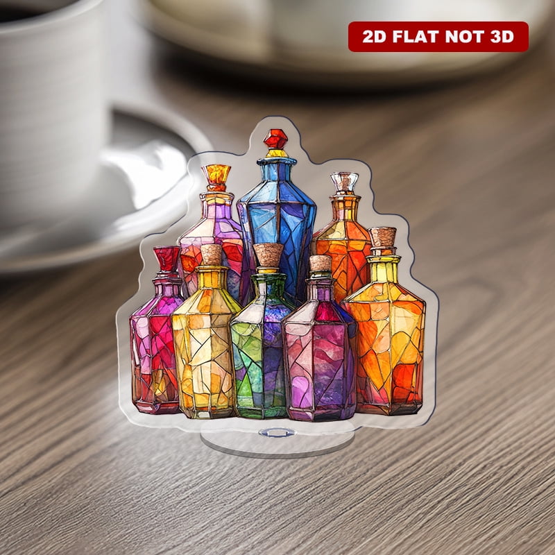Rotating acrylic ornament featuring nine stacked magic bottles in ...