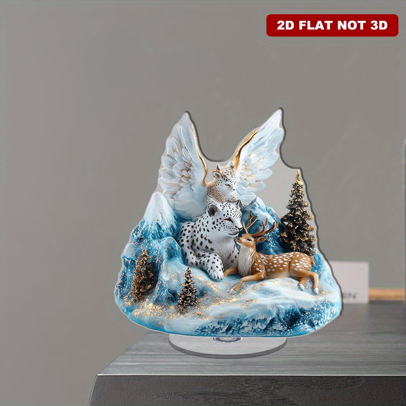 Rotating acrylic ornament featuring a snow leopard with angel wings and ...