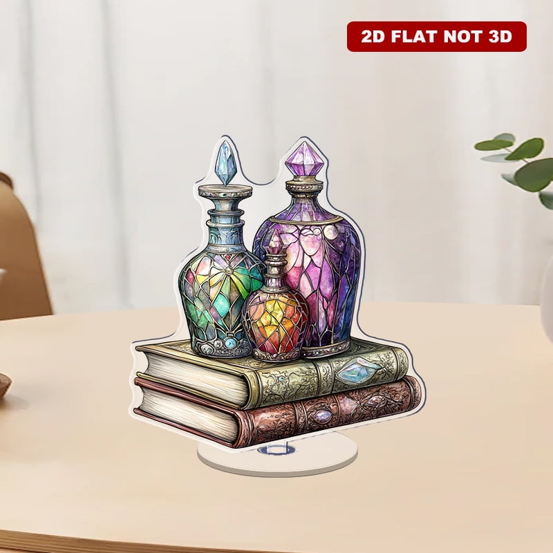 Rotating acrylic ornament featuring stained glass texture of bottles on a stack of crystal magic ...