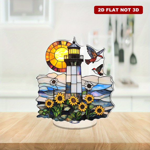 Rotating acrylic ornament featuring a sunset lighthouse, vibrant ...