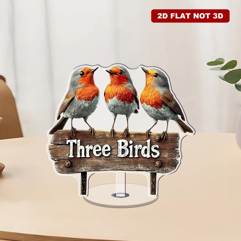 Rotating acrylic ornament featuring three realistic robins on a wooden ...