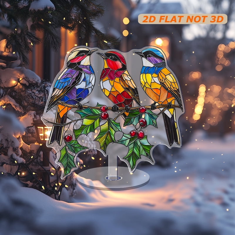 Rotating acrylic ornament featuring three vibrant bishop birds on a holly branch with a stained ...