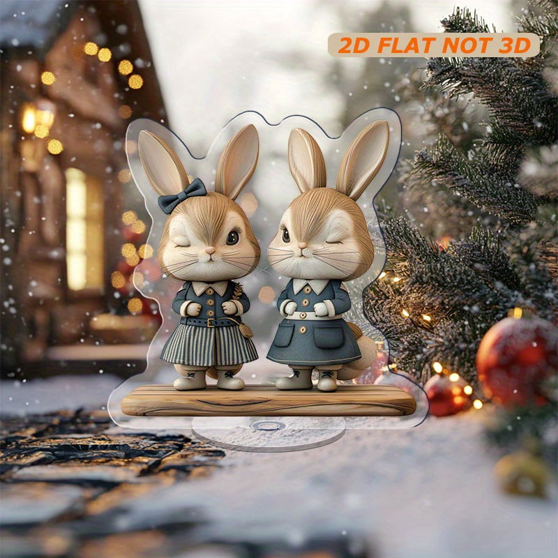 Rotating acrylic ornament featuring two cute rabbits in uniforms with a ...