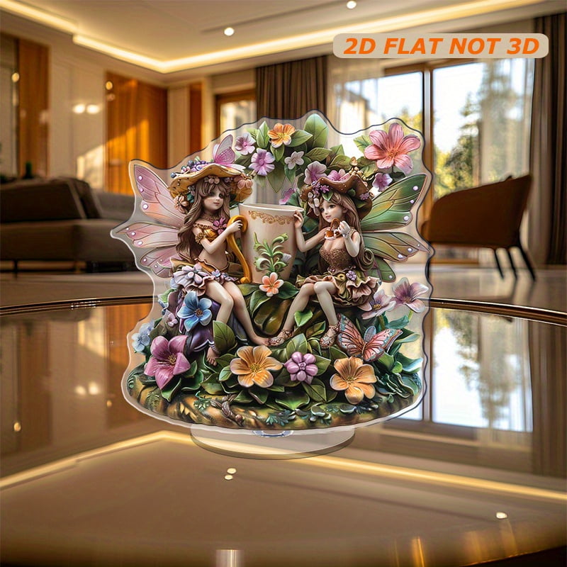 Rotating acrylic ornament featuring two fairies with a large coffee cup ...