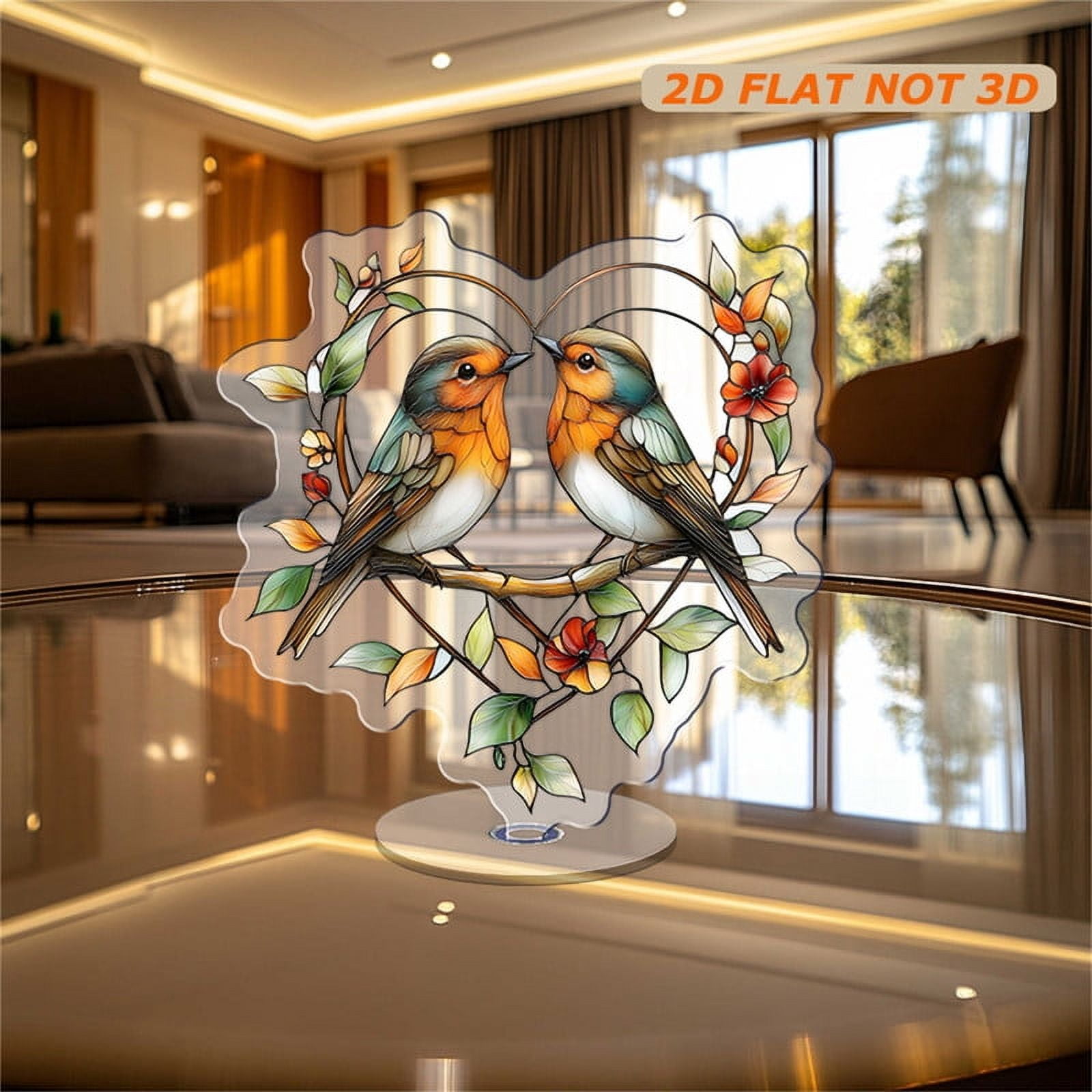 Rotating acrylic ornament featuring two lifelike robins on a heart ...