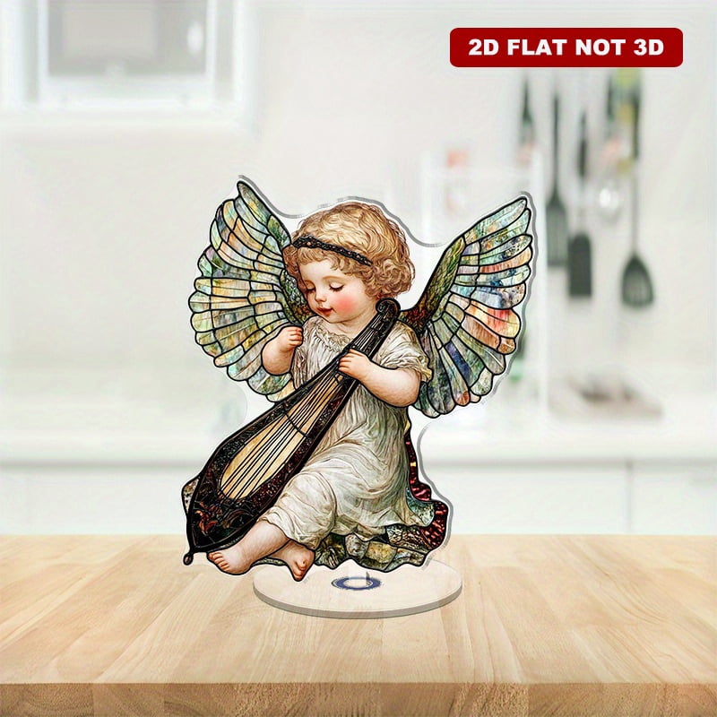 Rotating acrylic ornament featuring a vibrant angel with harp design in ...