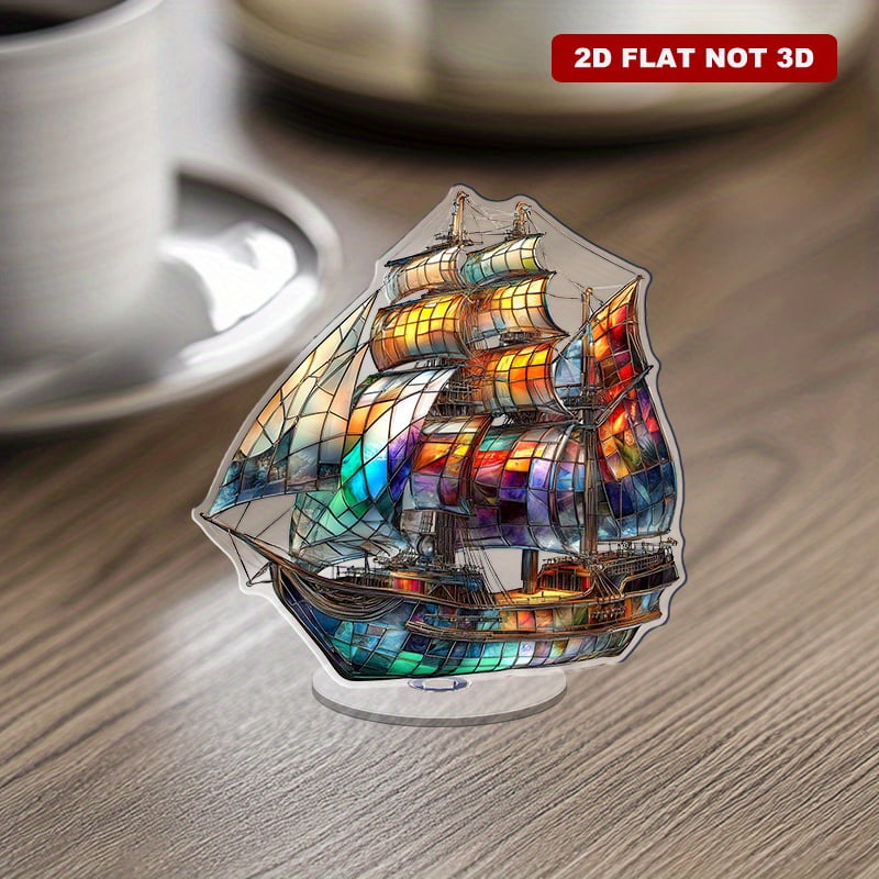 Rotating acrylic ornament featuring a vibrant ship with intricate ...