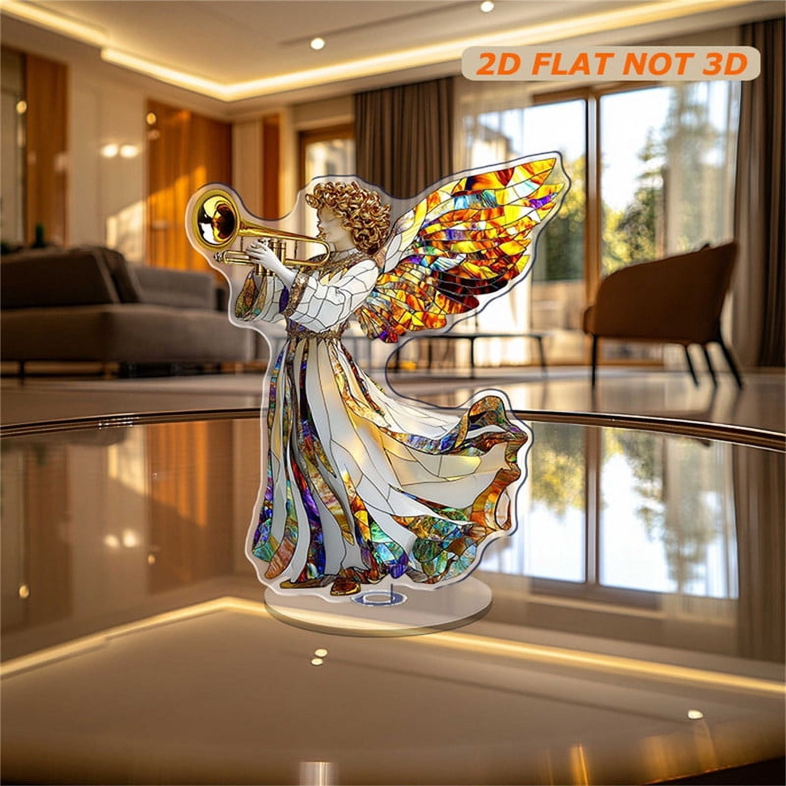 Rotating acrylic ornament featuring a vibrant stained glass angel with golden hair, white robes ...