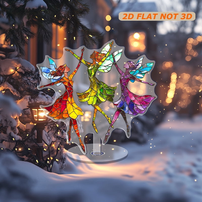 Rotating acrylic ornament featuring vibrant stained glass elves in a detailed mosaic style ...