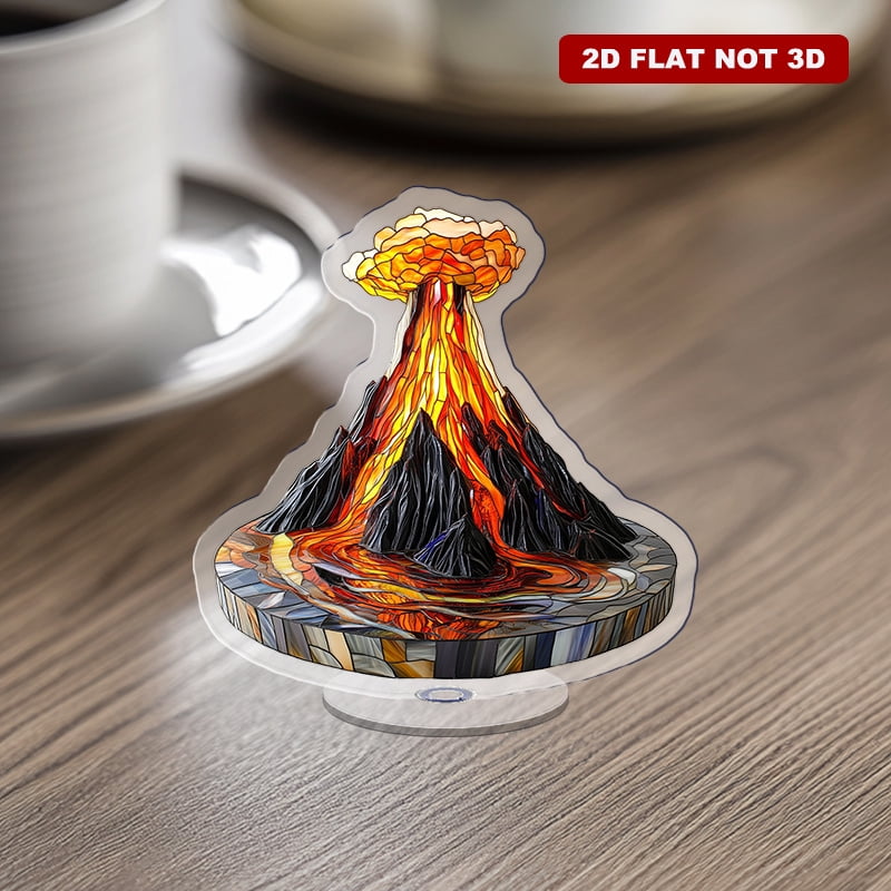 Rotating acrylic ornament featuring a vibrant volcano with flowing lava ...