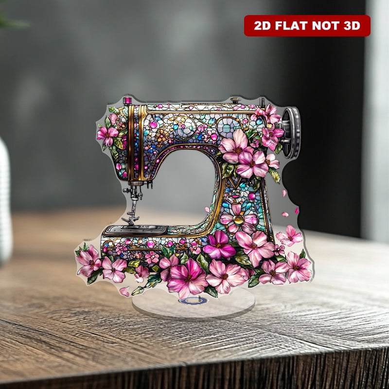 Rotating acrylic ornament featuring a vintage sewing machine with ...