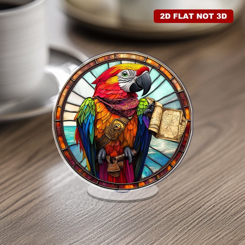 Rotating acrylic ornament featuring a vivid parrot with a pirate ...