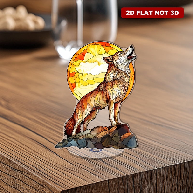 Rotating acrylic ornament featuring a wolf howling at a bright yellow ...