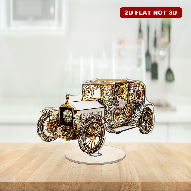 Rotating acrylic ornament showcasing a classic car with gilded chassis ...