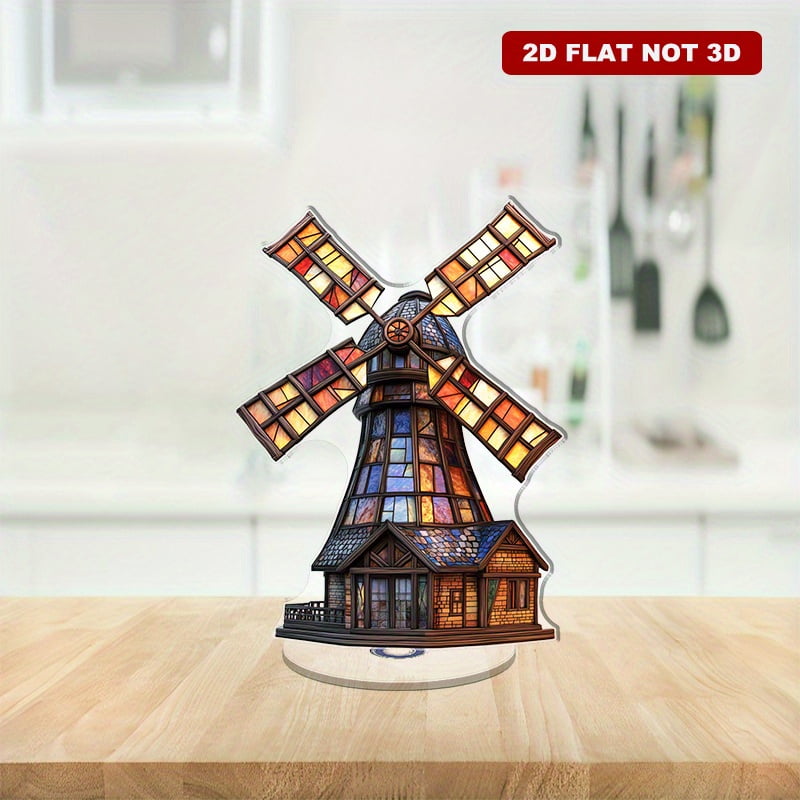 Rotating acrylic piece features a photorealistic windmill design in ...