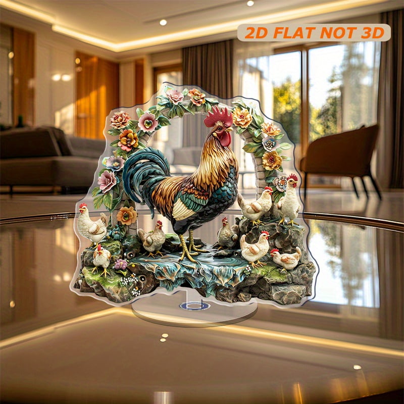Rotating acrylic sculpture features a vibrant rooster with hens and ...