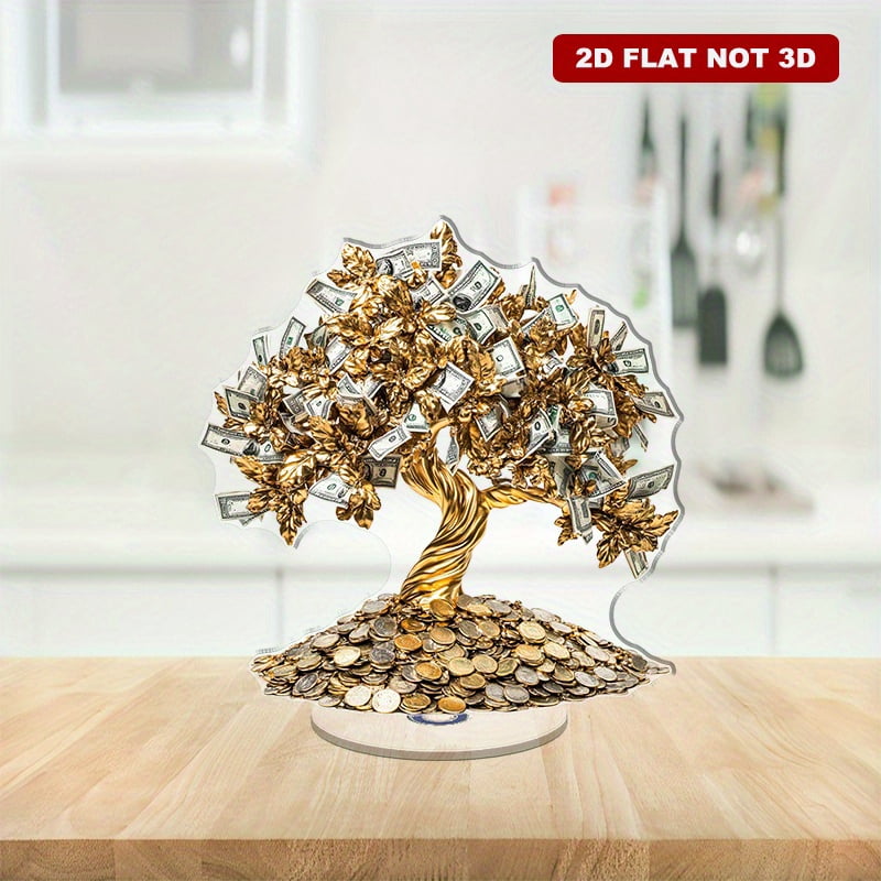 Rotating acrylic sculpture featuring a golden tree with currency leaves ...