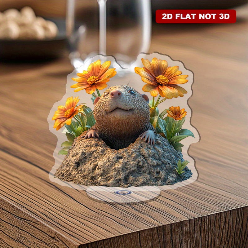 Rotating acrylic sculpture of a cute mole emerging from a burrow ...