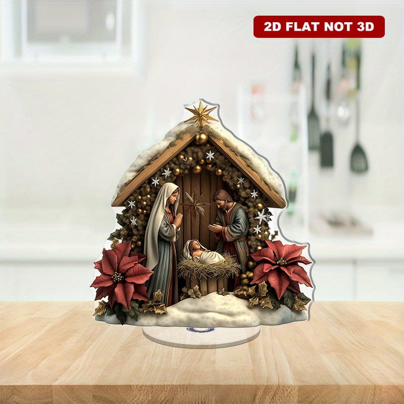 Rotating acrylic standee features the nativity scene with Jesus, Mary ...