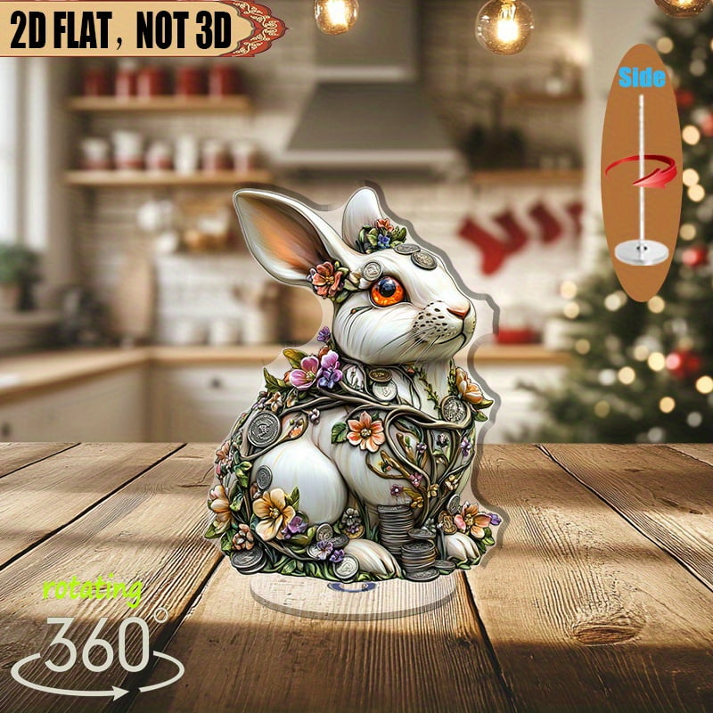 Rotating acrylic tabletop ornament featuring a whimsical ceramic rabbit ...