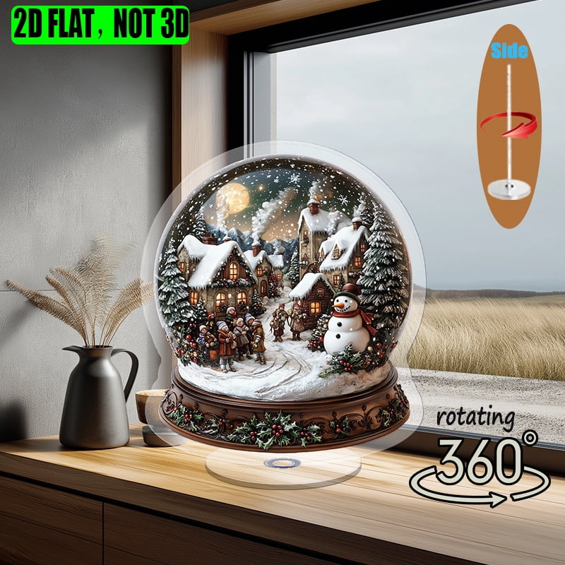 Rotating acrylic tabletop ornament showcasing a winter village scene ...