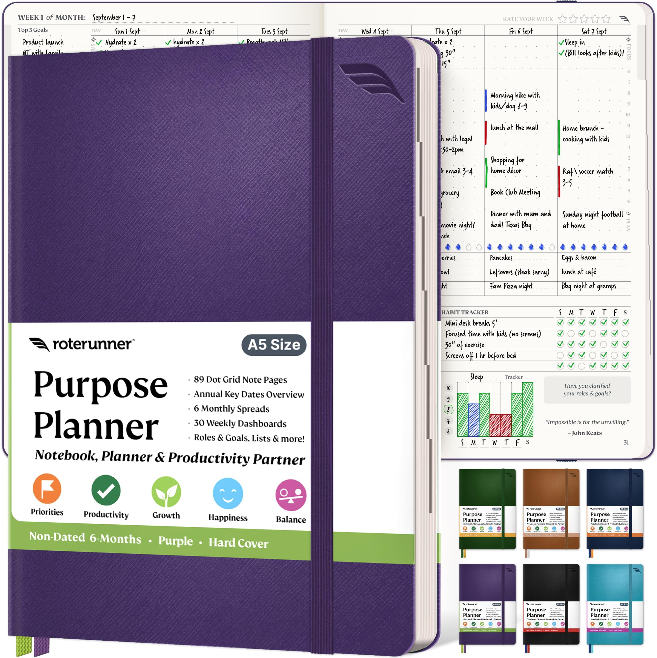 Roterunner Purpose Planner Notebook A5 5.8â€x8.3â€ Undated Daily ...
