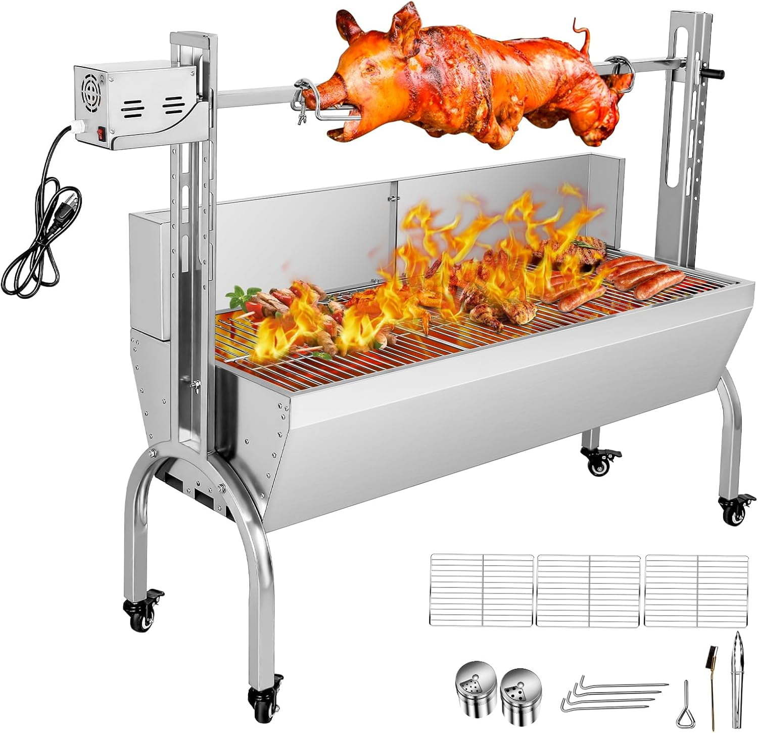 Rotisserie Grill Roaster with Back Cover Guard, 25W Motor Small Pig Lamb Rotisserie Roaster, 48. ...