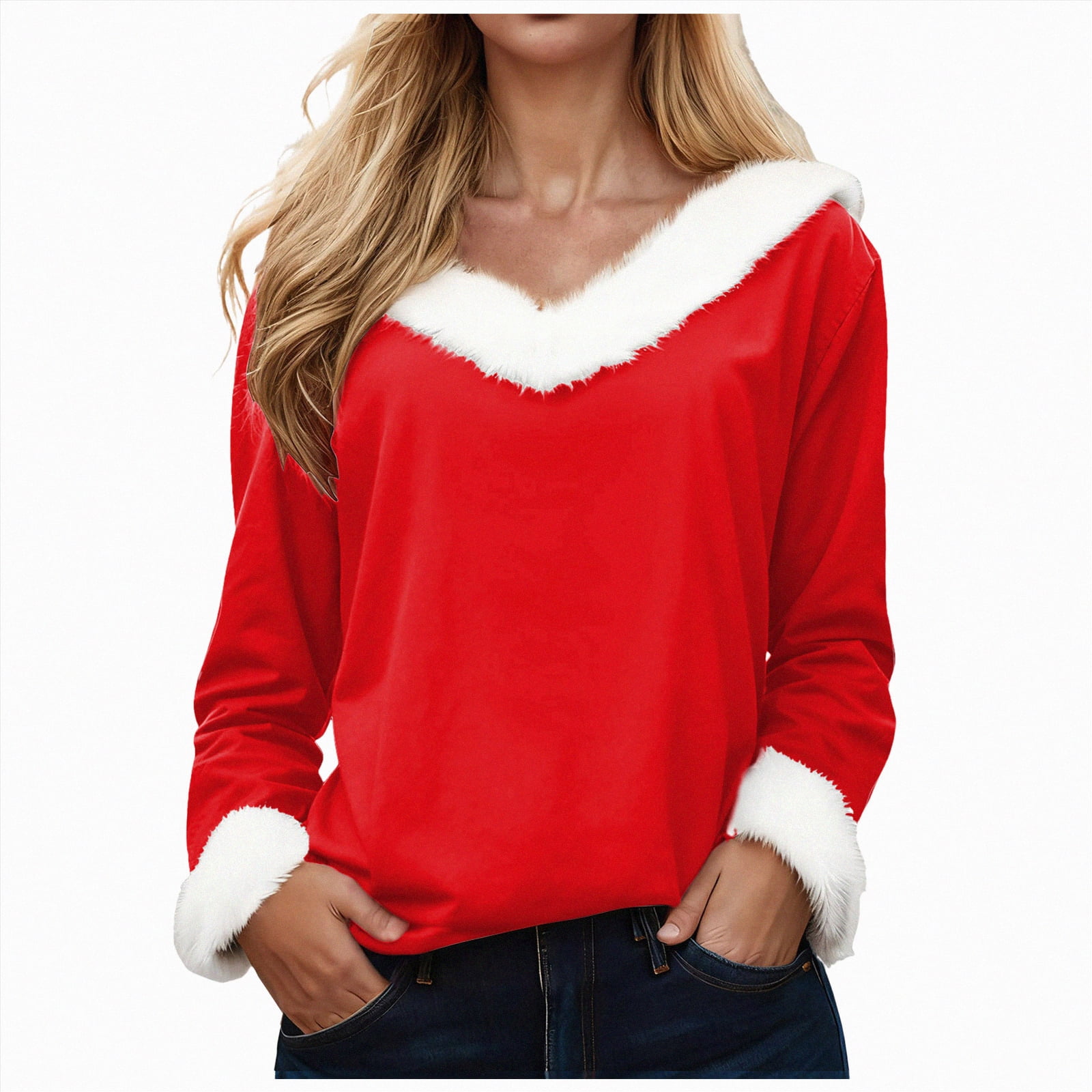 Rotm Christmas Tops for Women Trim V Neck Christmas Shirt Long Sleeve ...