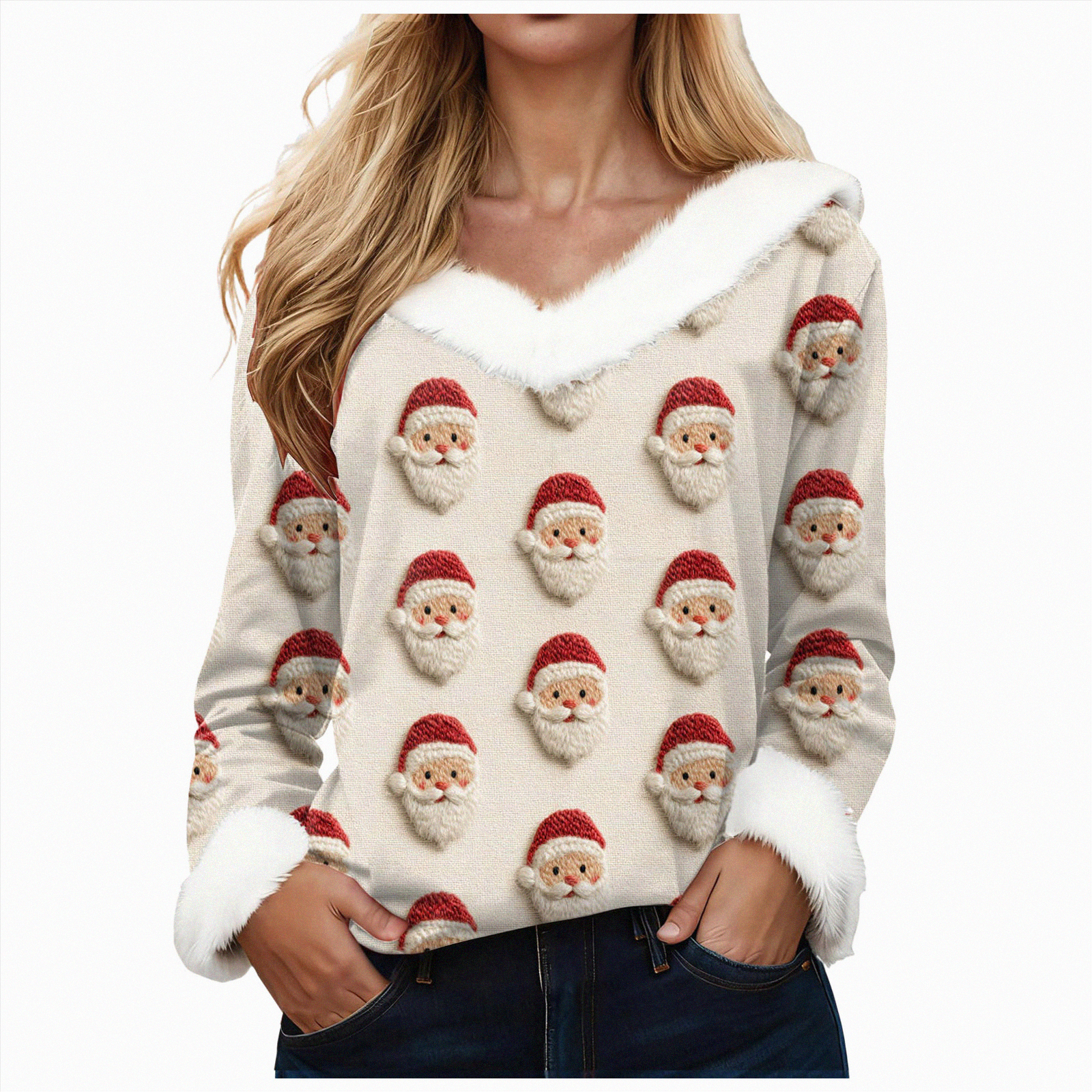 Rotm Ladies Christmas Sweaters Womens Christmas Shirt Faux Trim V Neck ...