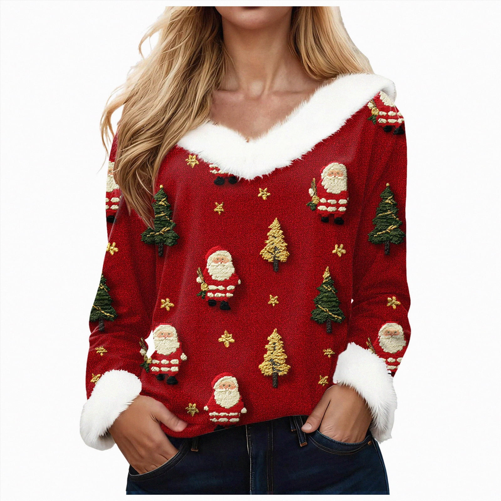 Rotm Ladies Christmas Sweaters Womens Faux Trim V Neck Christmas Shirt ...