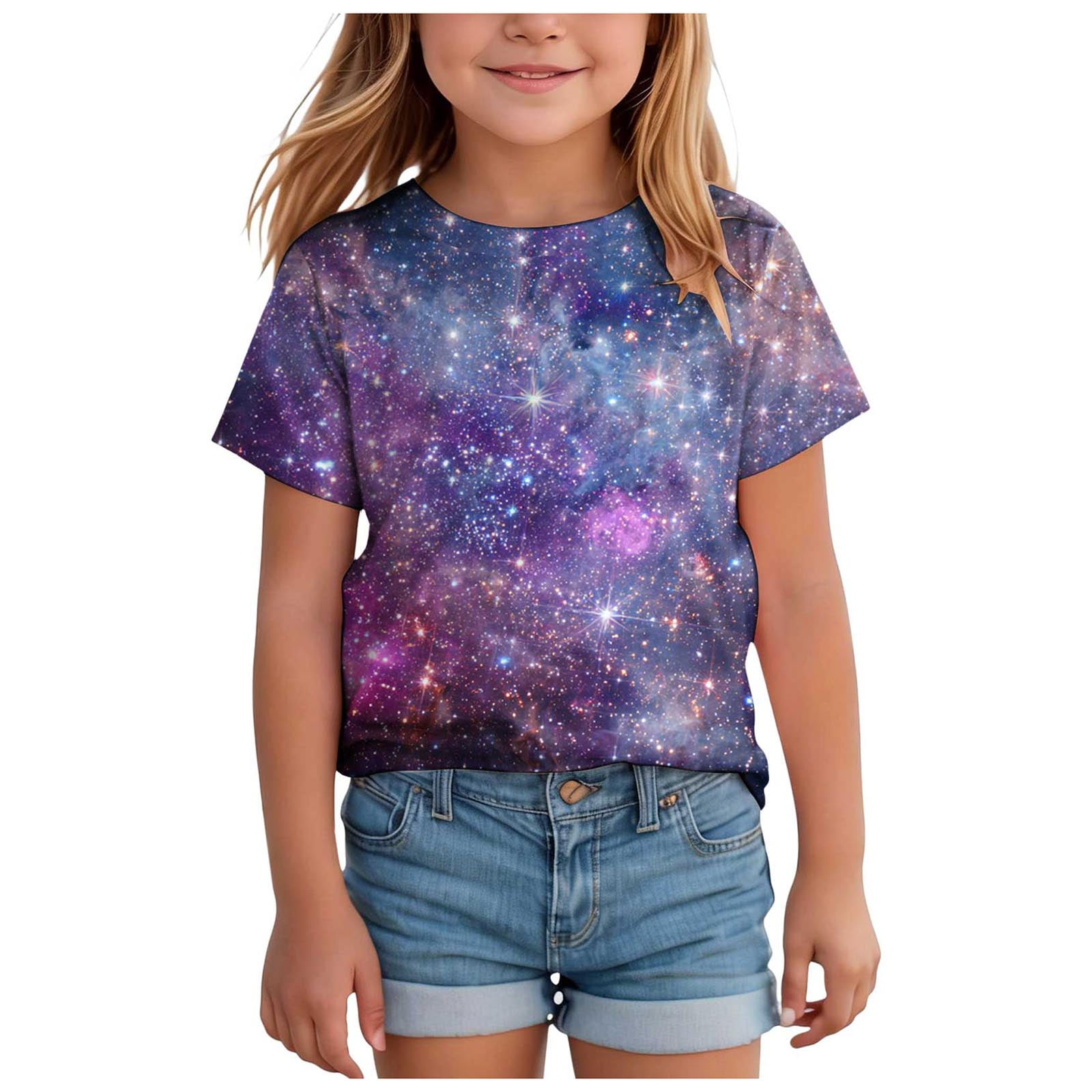Rotm Teen Girls Graphic Tees Girls Galaxy Shirt Glitter 3D Print Round ...