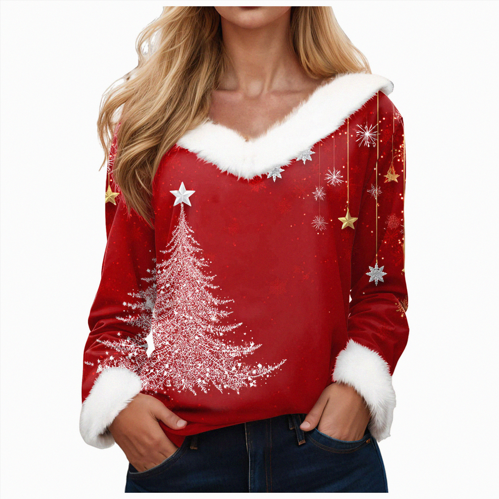 Rotm Womens Christmas Tops Trim V Neck Christmas Tshirts for Women Xmas ...